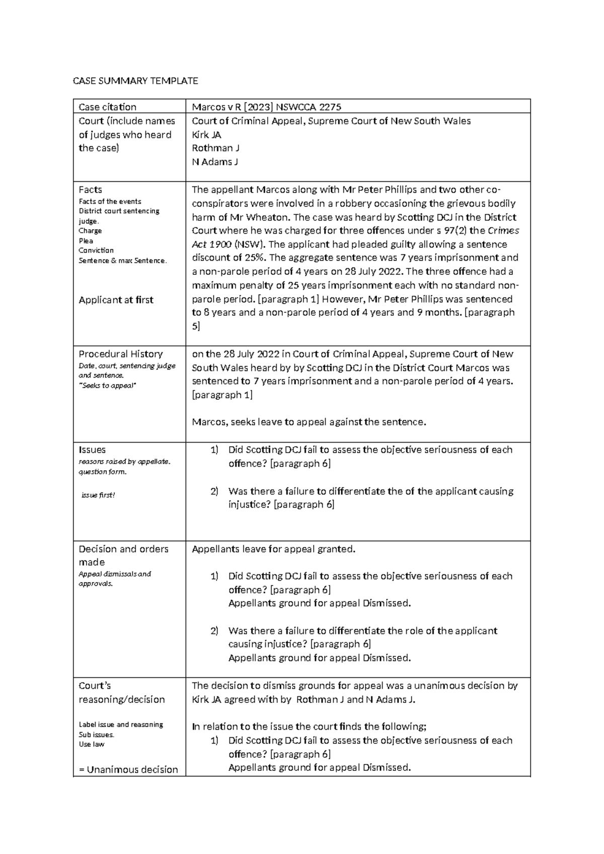 Case Summary Assessment 3 - CASE SUMMARY TEMPLATE Case citation Marcos ...
