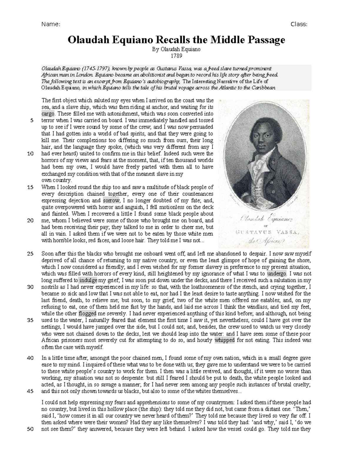 03- Olaudah Equiano text - Name: Class: Olaudah Equiano Recalls the ...
