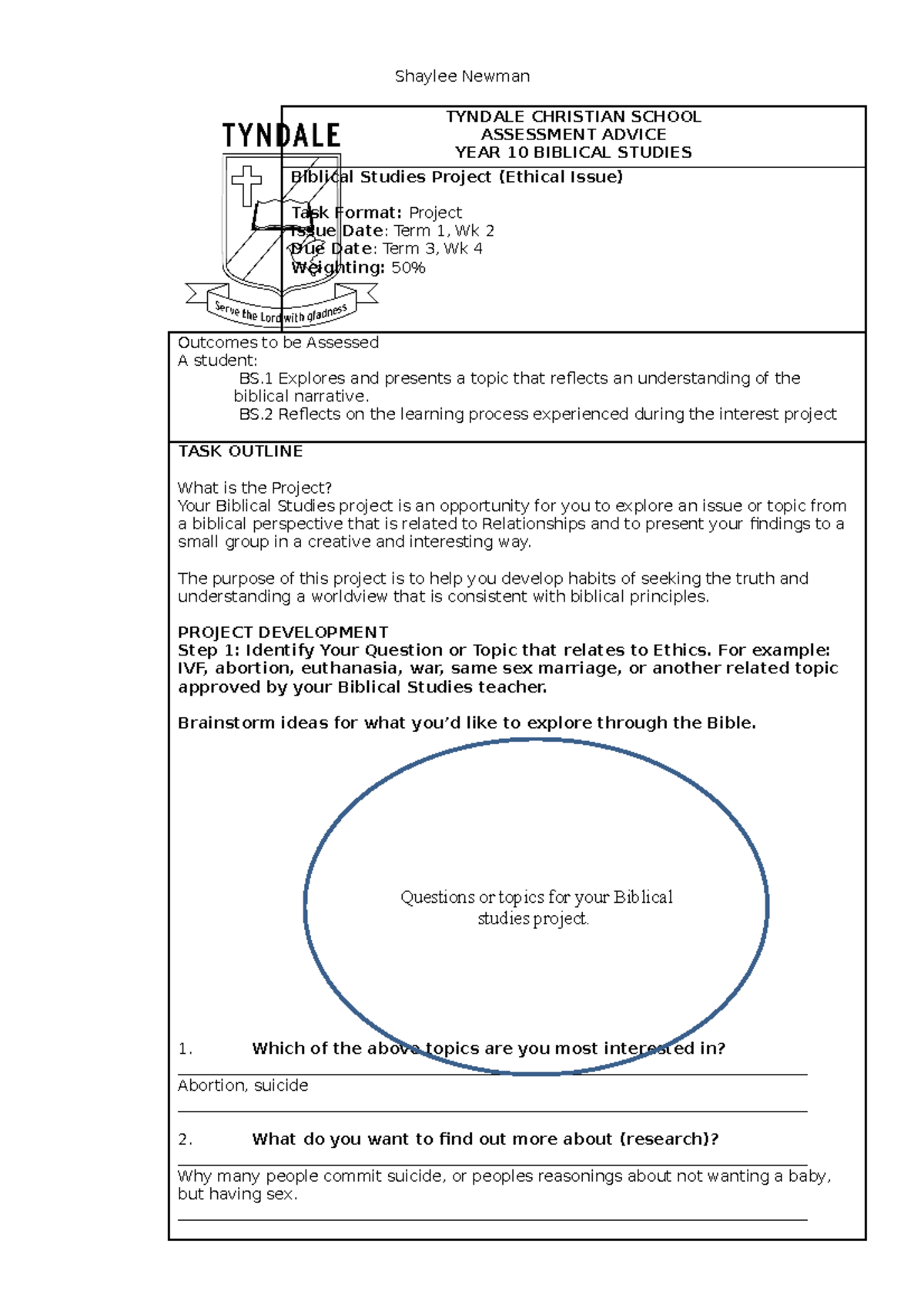 Year 10 New Biblical Studies Project Scaffold - Shaylee Newman TYNDALE ...