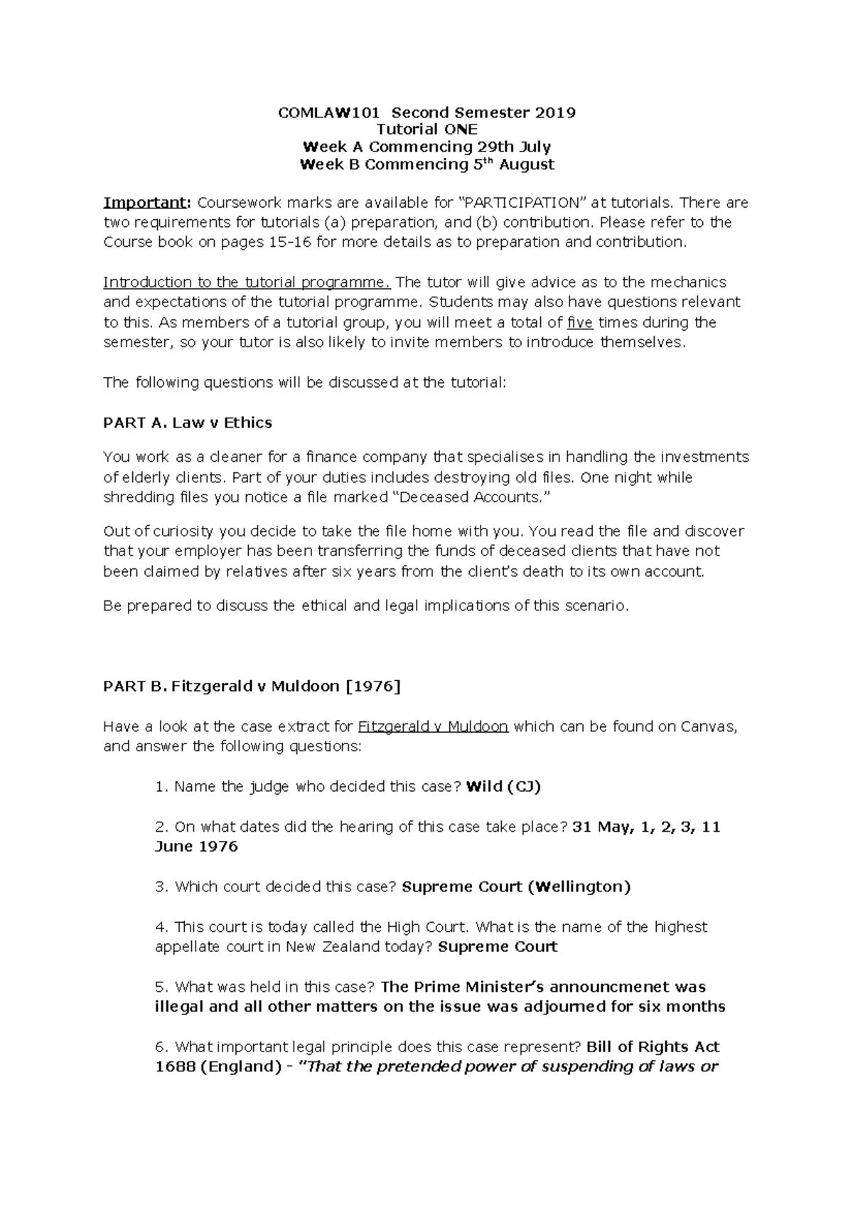 Comlaw 101 Tutorial One 2019 Sem 2 - COMLAW101 Second Semester 2019 ...