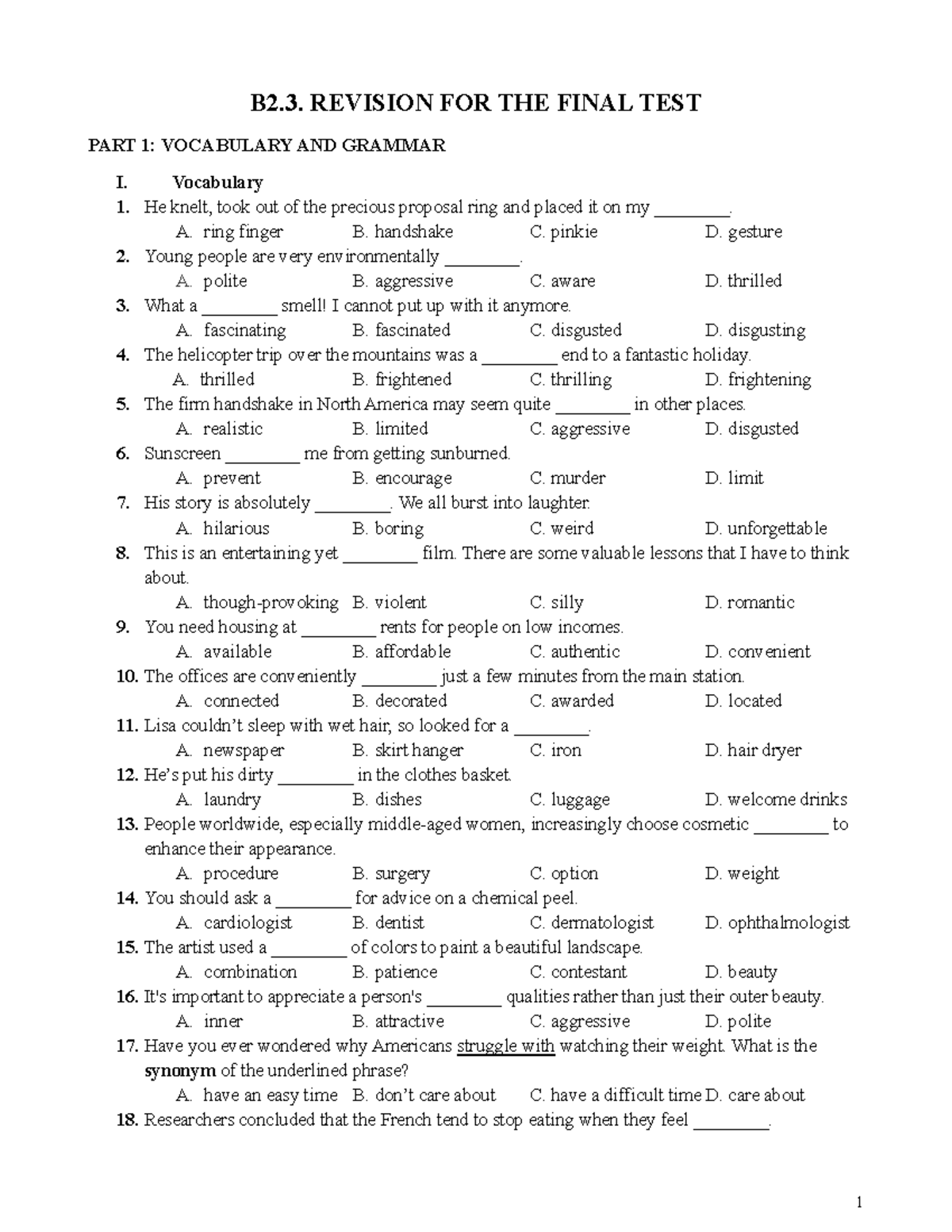 Revision for the final test - B2. REVISION FOR THE FINAL TEST PART 1 ...