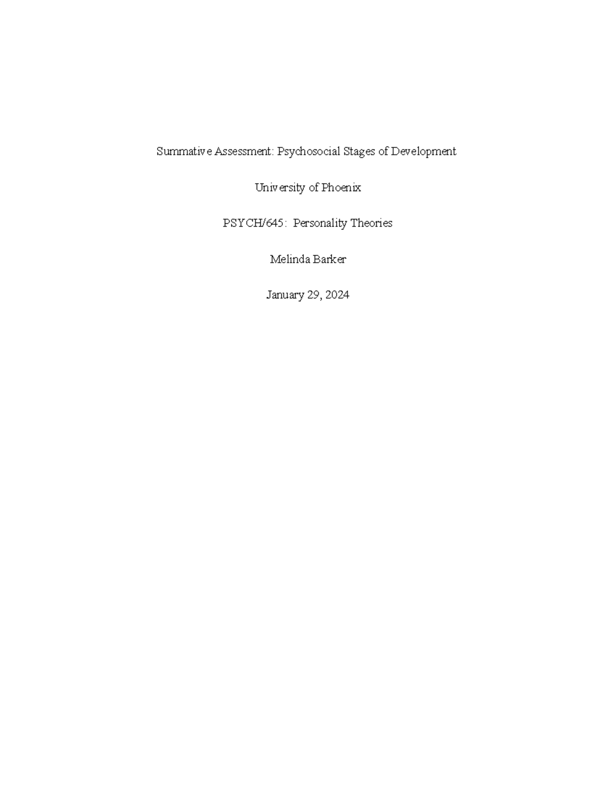 Psychosocial Stages of Development 1 - Summative Assessment ...