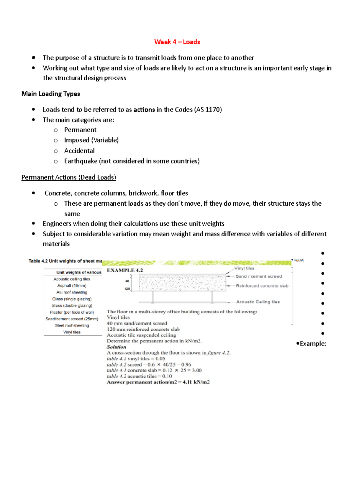 Week 4 - Loads - Notes - Week 4 – Loads The purpose of a structure is ...
