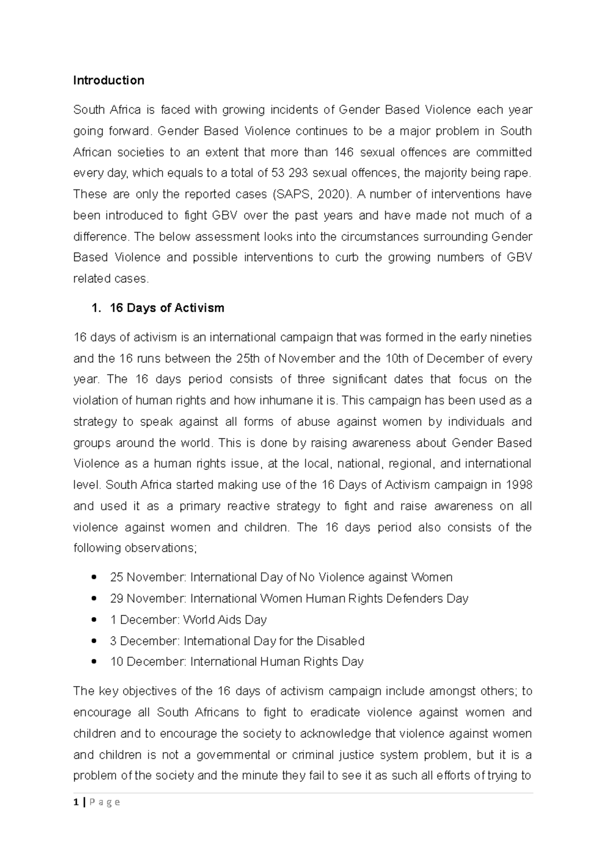 DPR2605 Assignment 1 - DVA - Introduction South Africa is faced with growing incidents of Gender ...