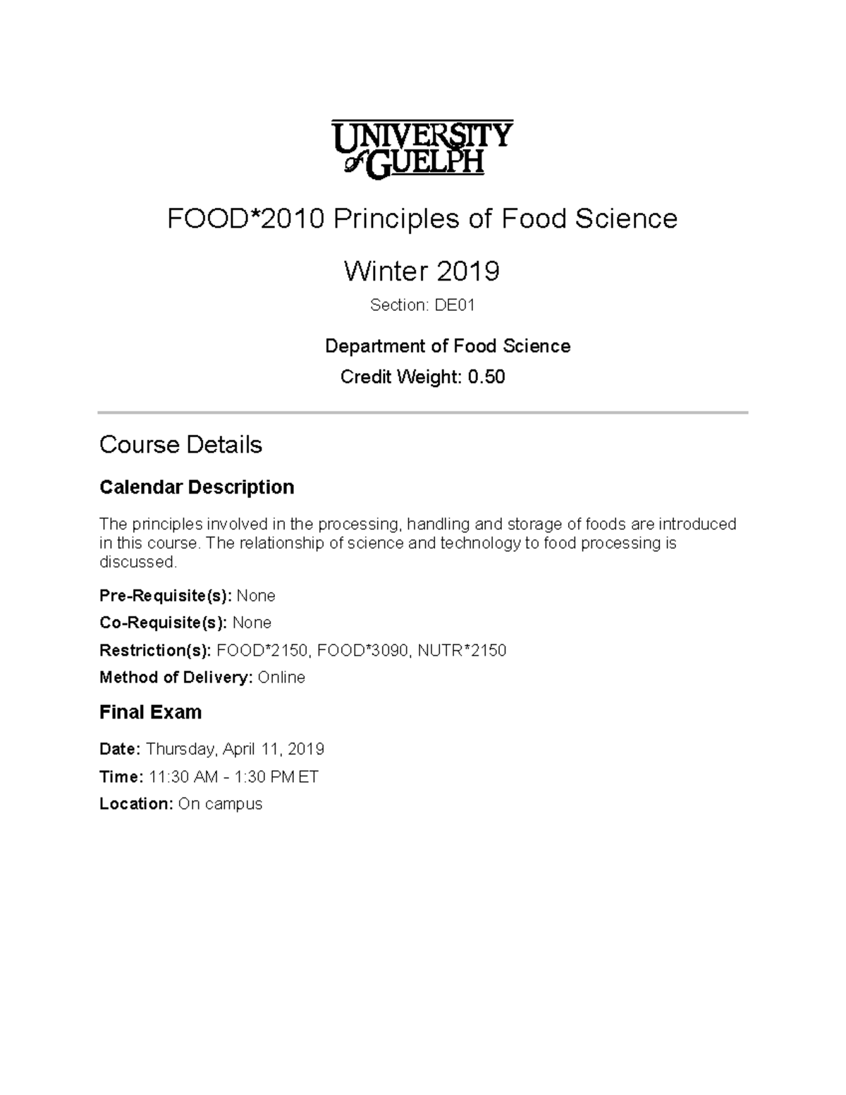 Outline FOOD2010 DE W19 - FOOD*2010 Principles of Food Science Winter ...