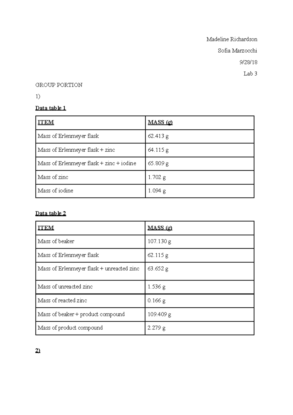Group Portion LAB03 - This is the solution to lab #3 for the chem 405 - Madeline Richardson ...