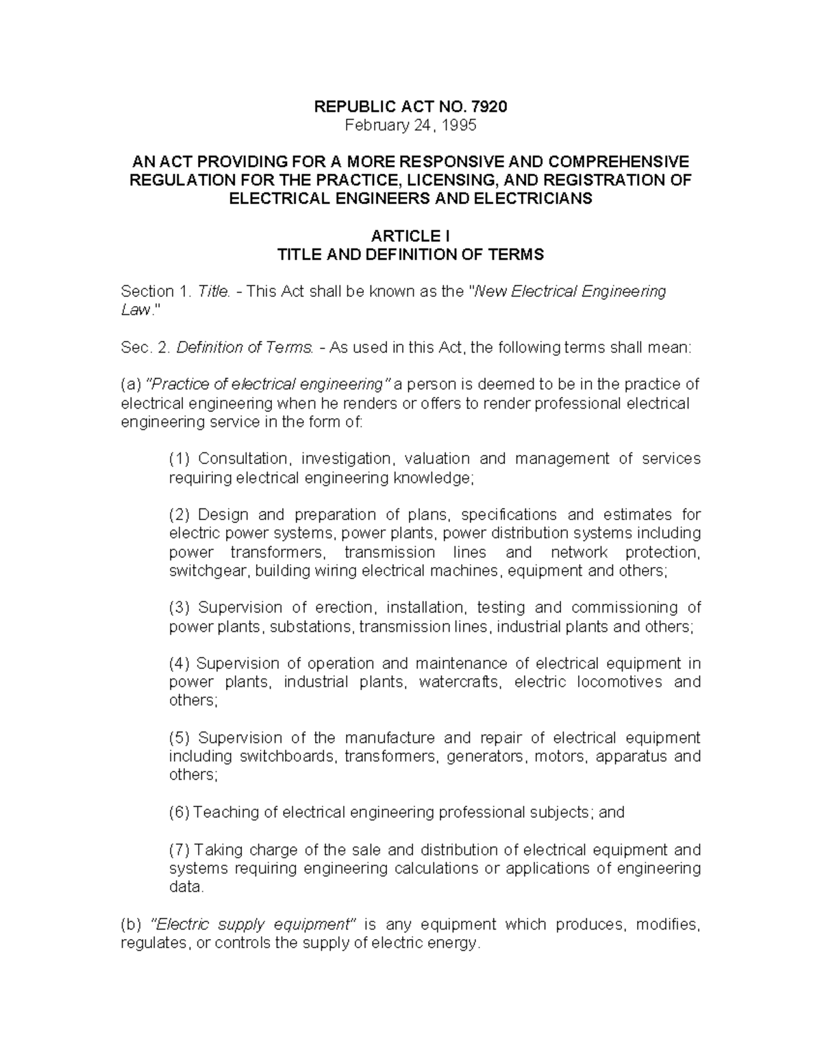 EE-Laws - EE law - REPUBLIC ACT NO. 7920 February 24, 1995 AN ACT ...
