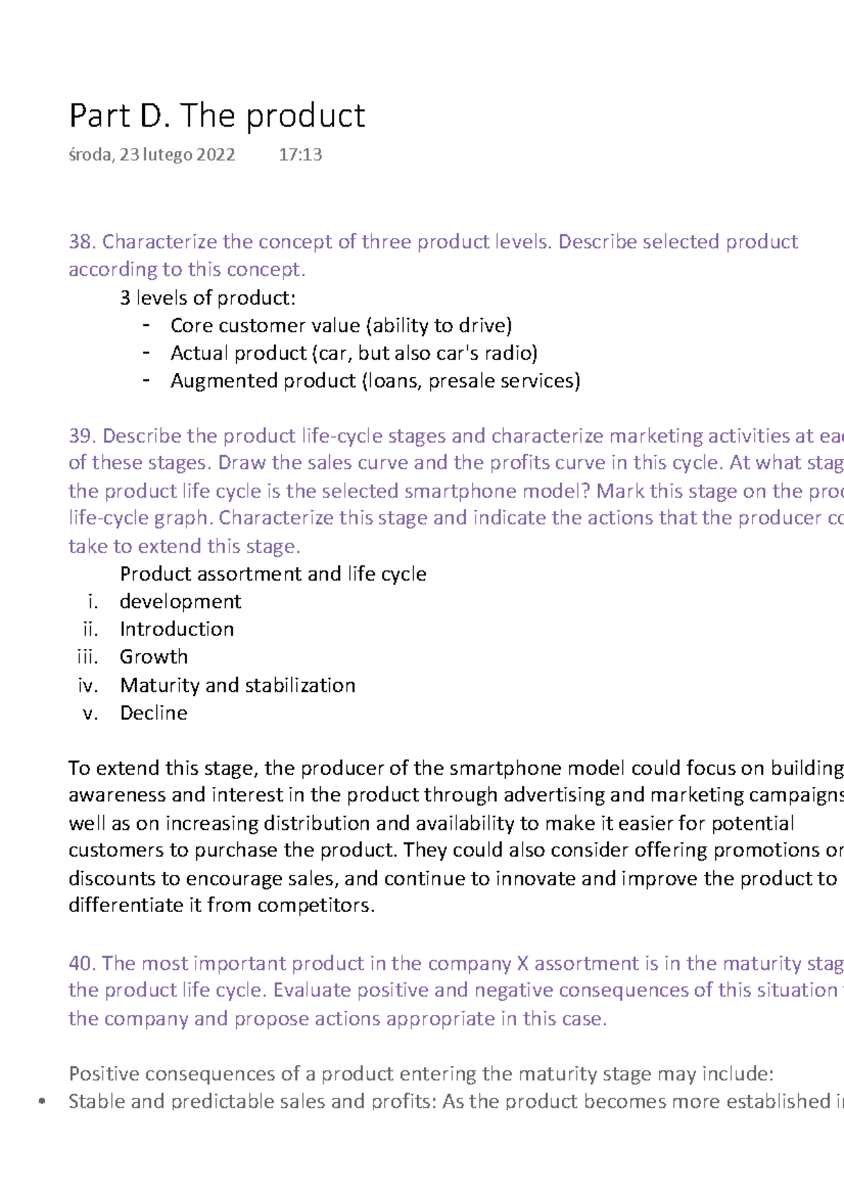 Part-D - ........ - Characterize the concept of three product levels ...