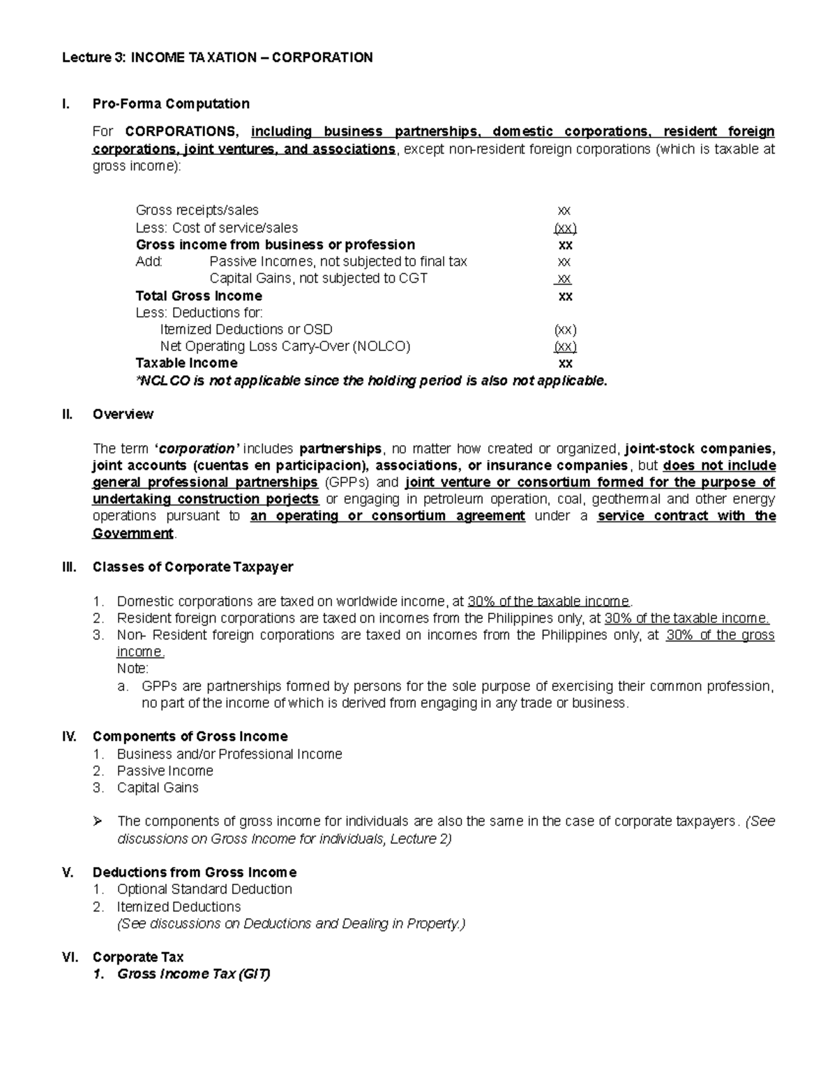 Lecture 3 - Income Taxation (Corporate) - I. Pro-Forma Computation For ...