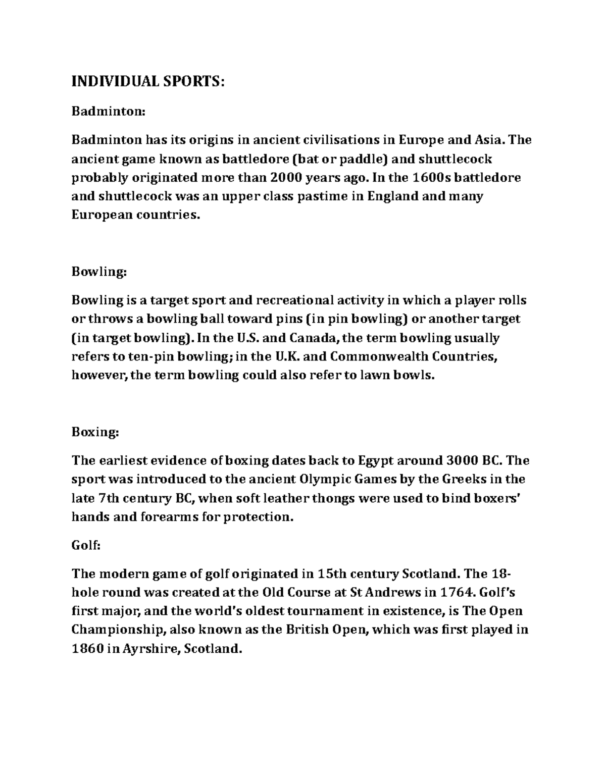 Individual Sports - assignment - INDIVIDUAL SPORTS: Badminton ...