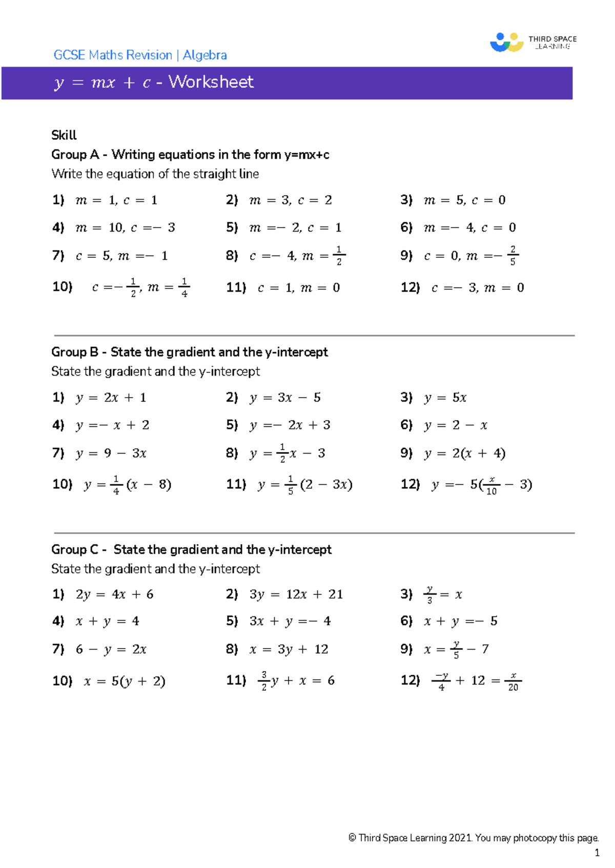 YMXC worksheet (gradient formula) - 𝑦 = 𝑚𝑥 + 𝑐 - Worksheet Skill Group ...