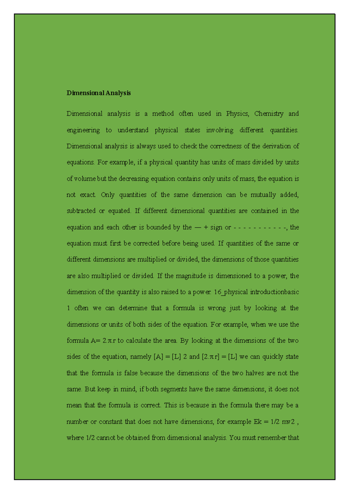 College Notes - Dimensional Analysis - Dimensional Analysis Dimensional ...