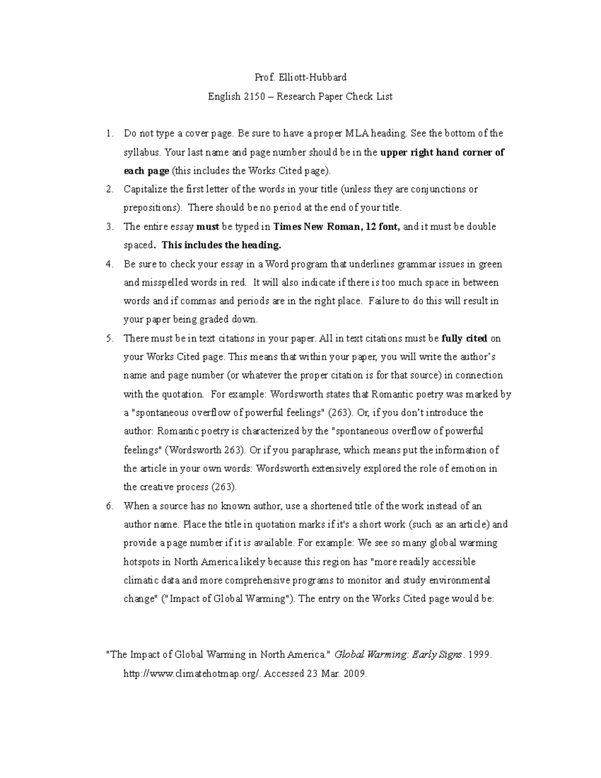 Revised 2150 Research Paper Check List - Prof. Elliott-Hubbard English ...