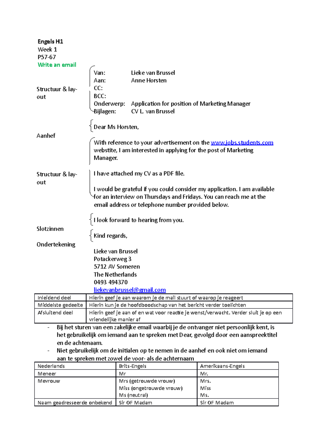 Engels H1 - Baha hsba ysbsh - Engels H1 Week 1 P57-67 Write an email ...