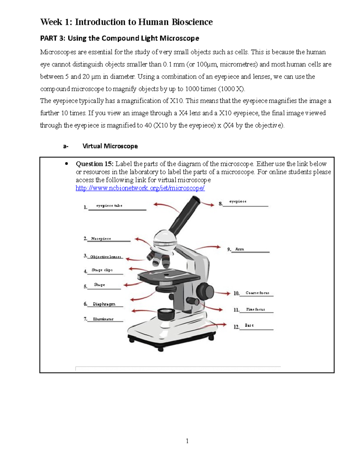Weekly workbook 1 Introduction to bioscience part3 - Week 1 ...