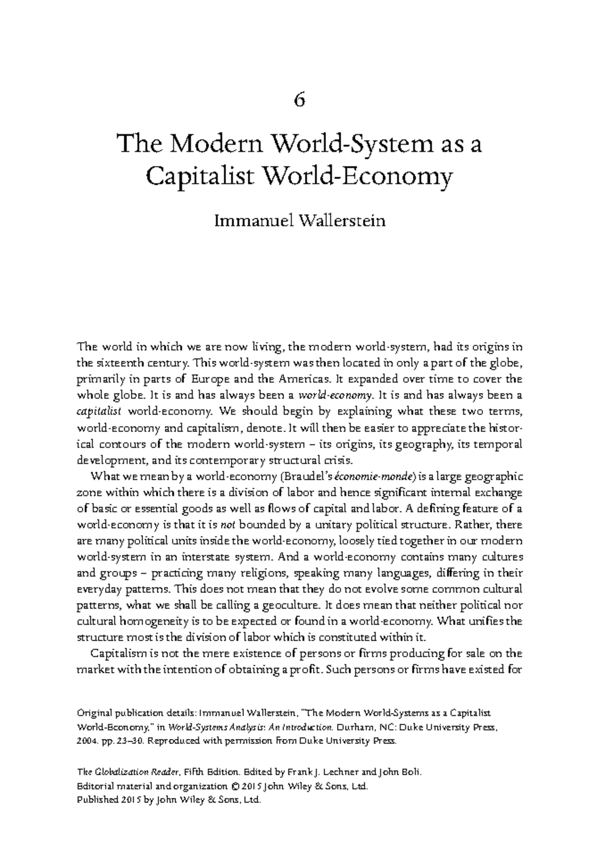 Session 03 Wallerstein - The Globalization Reader, Fifth Edition. Edited by Frank J. Lechner and ...