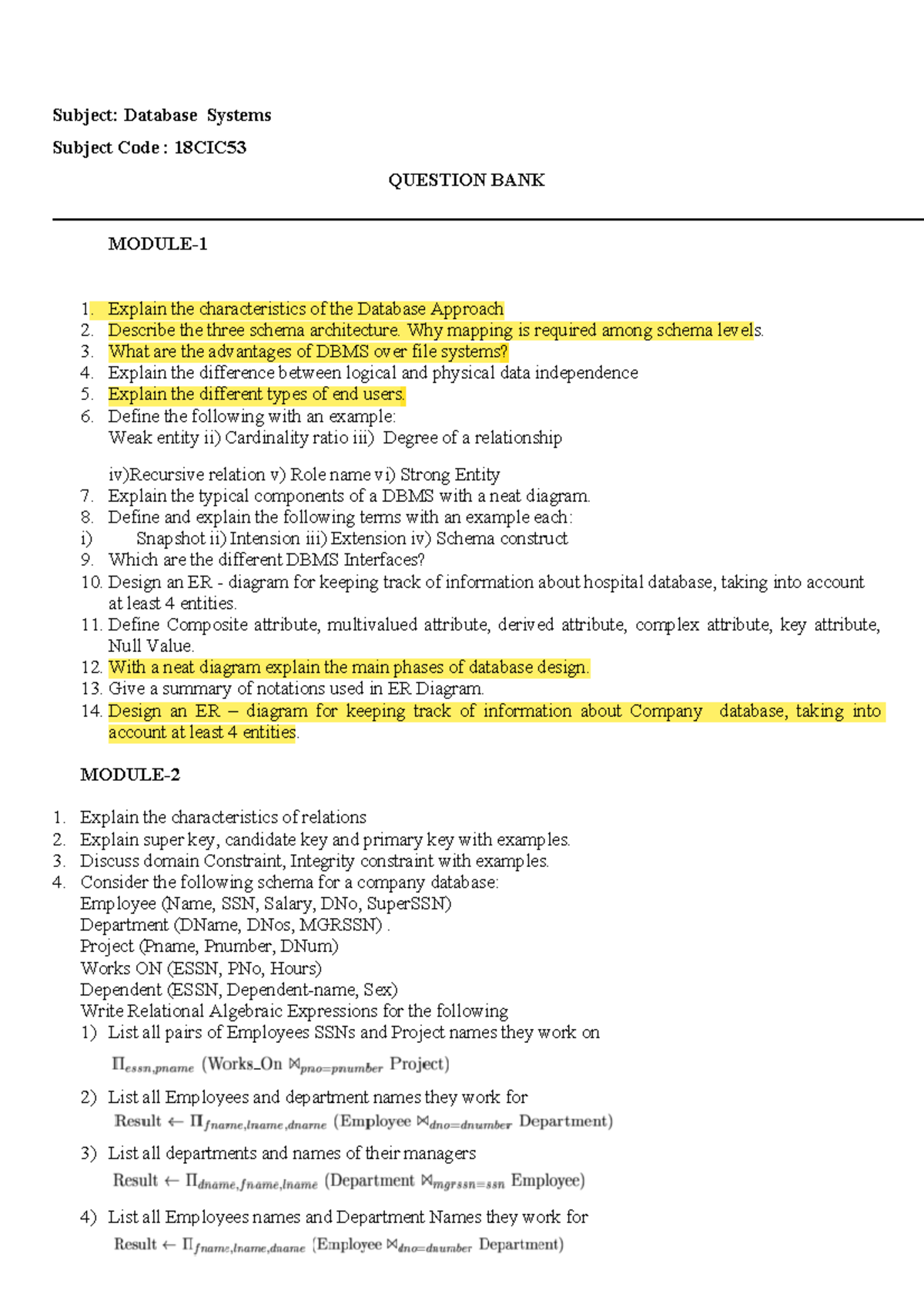Dbms Qb Good Subject Database Systems Subject Code 18cic Question Bank Module Explain