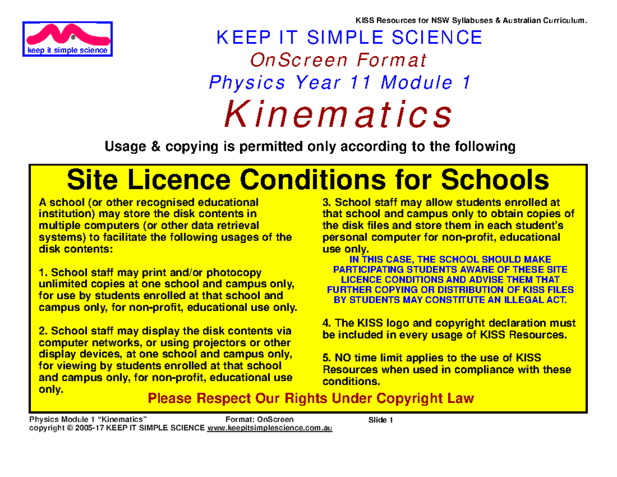 PHYS 1 On Screen - ..... - Physics Module 1 “Kinematics” Format ...
