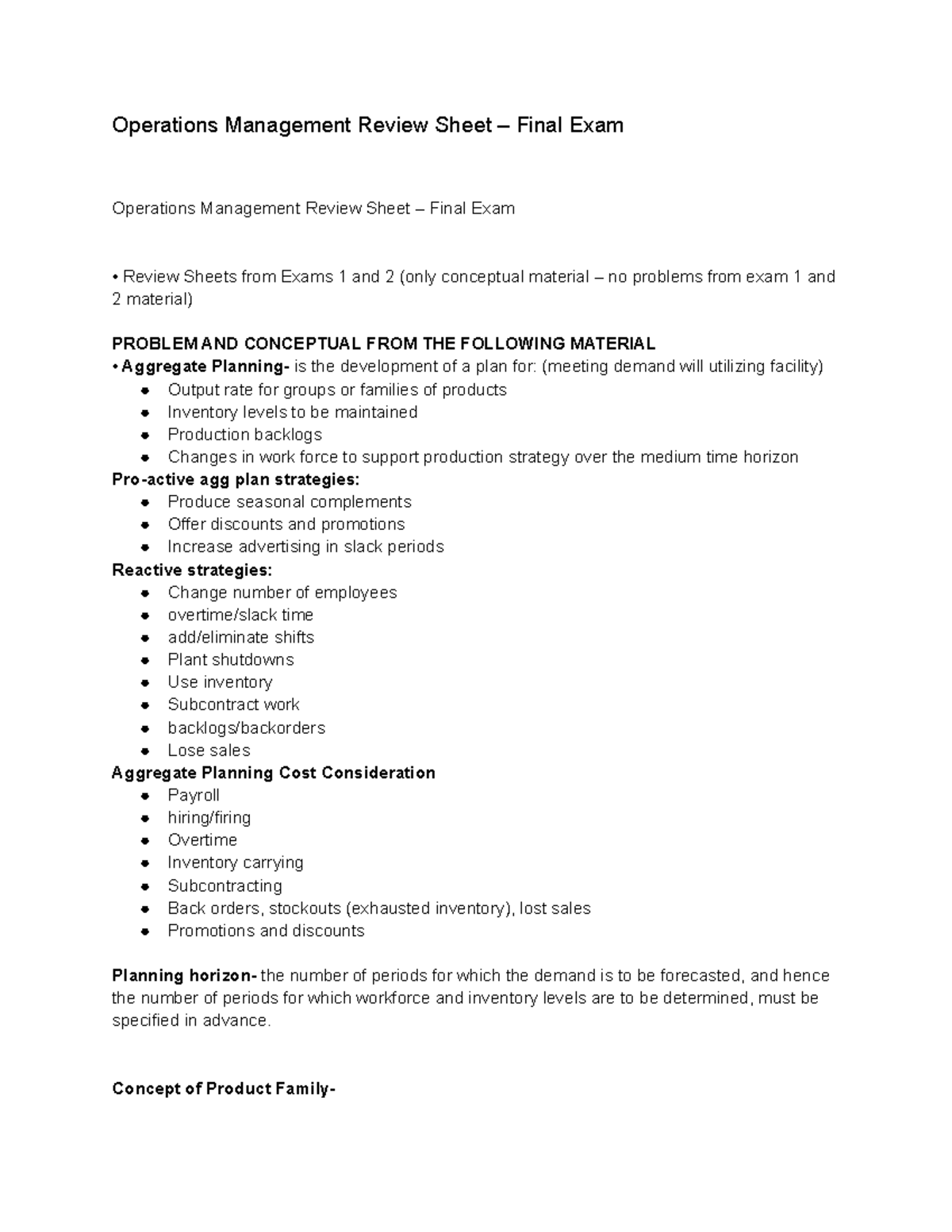 Operations Management Review Sheet – Final Exam - Concept of Product ...
