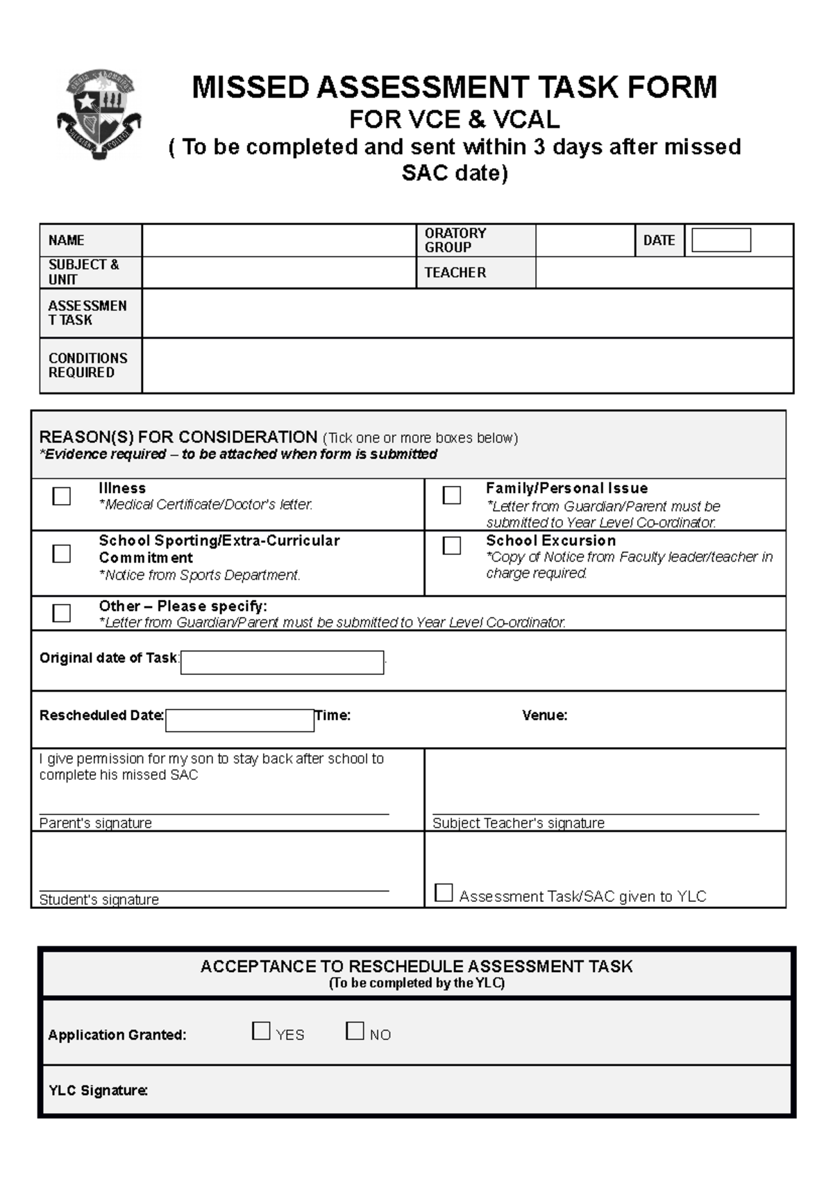 Missed Assessment Task Form for VCE and VCAL - MISSED ASSESSMENT TASK ...