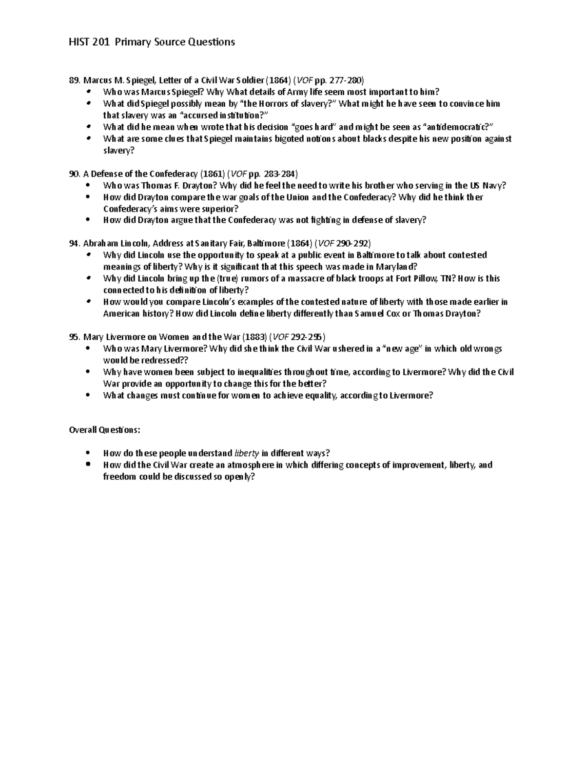 Questions for Civil War primary documents - HIST 201 Primary Source ...