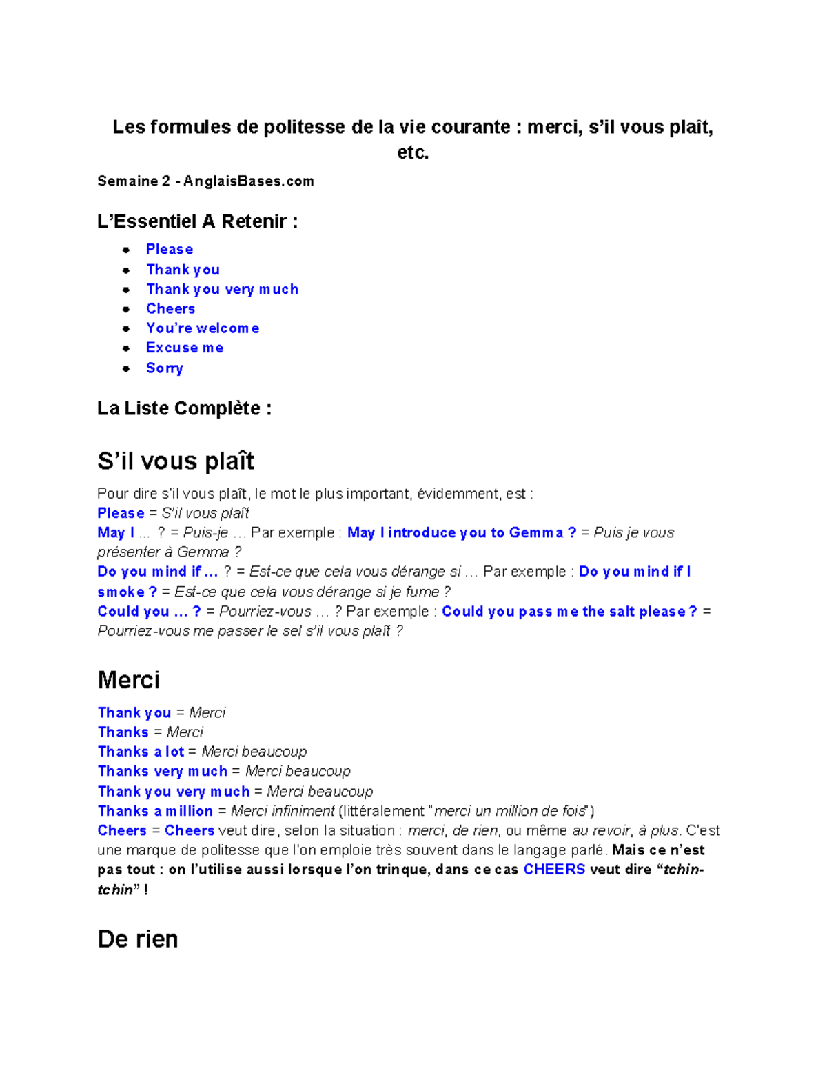 Cours d anglais 4 - Les formules de politesse de la vie courante ...