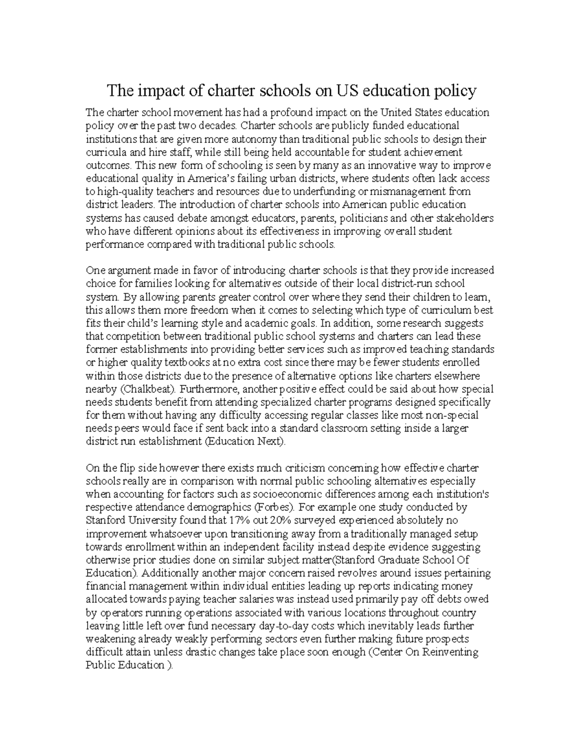 The impact of charter schools on US education policy - Charter schools ...