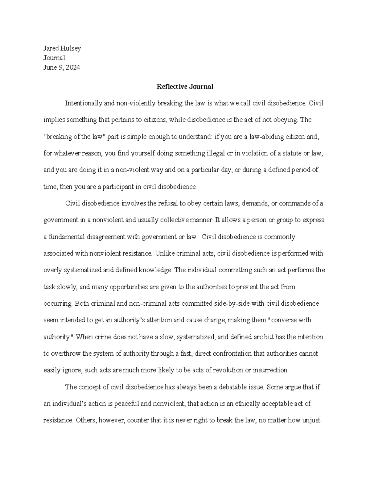 Hulsey - Journal - Jared Hulsey Journal June 9, 2024 Reflective Journal ...