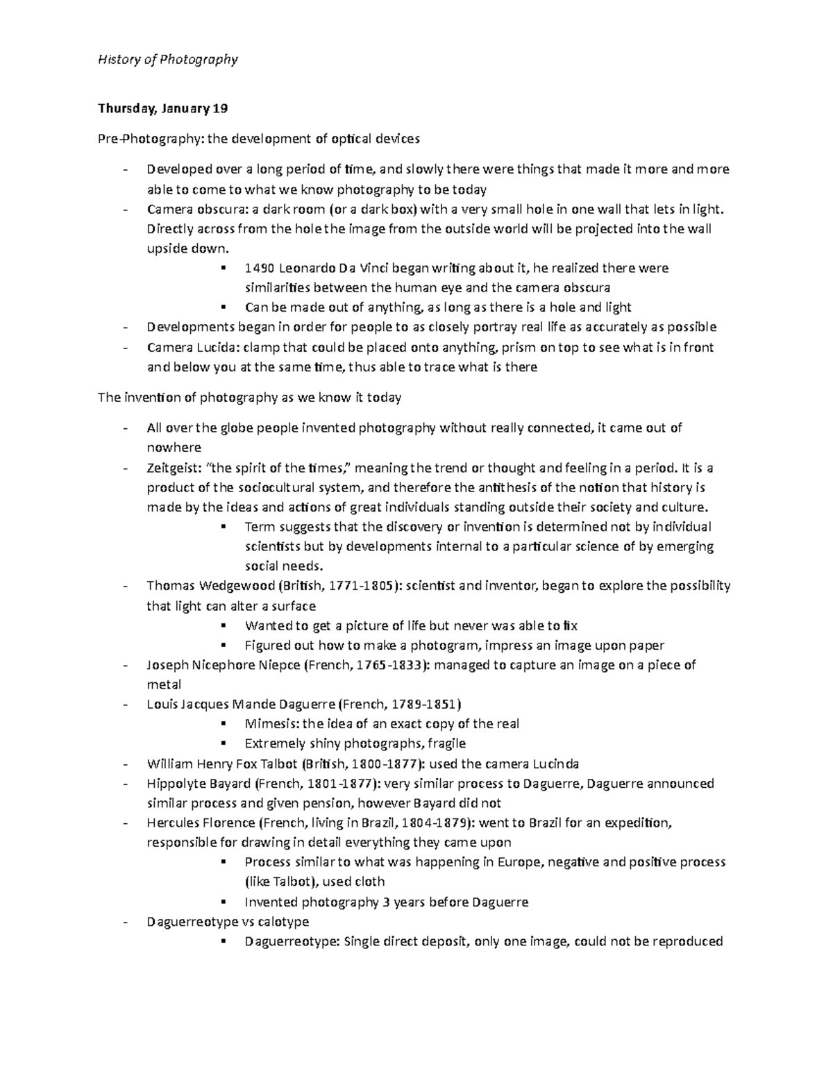 History of Photography Notes - Thursday, January 19 Pre-Photography ...