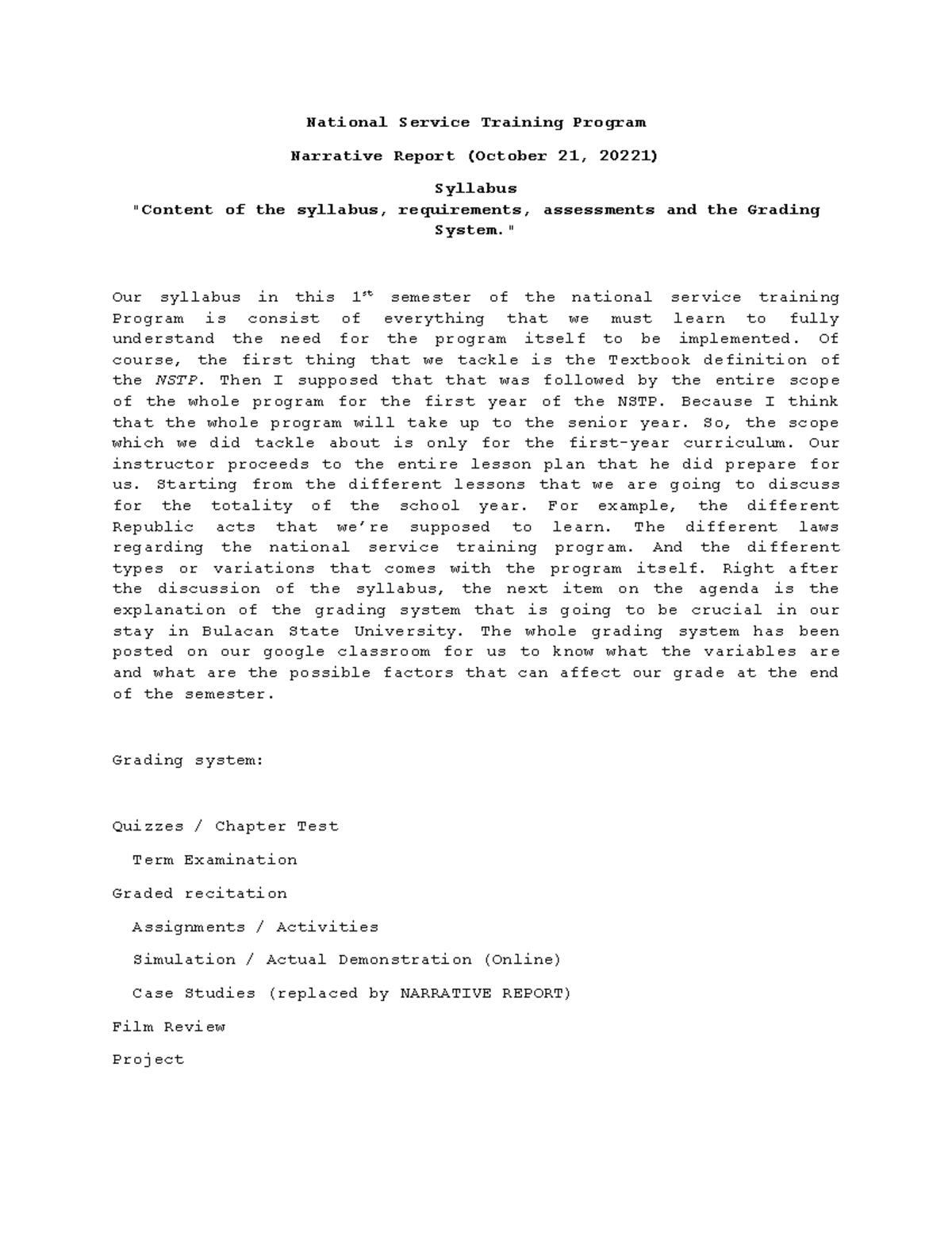 Narrative Report (Syllabus) - National Service Training Program ...