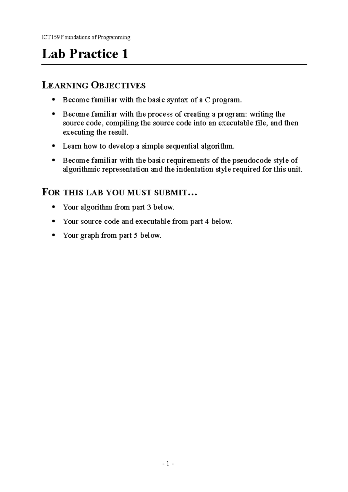 ICT 159 PRACTICE DOCUMENTS - Lab Practice 1 LEARNING OBJECTIVES Become ...