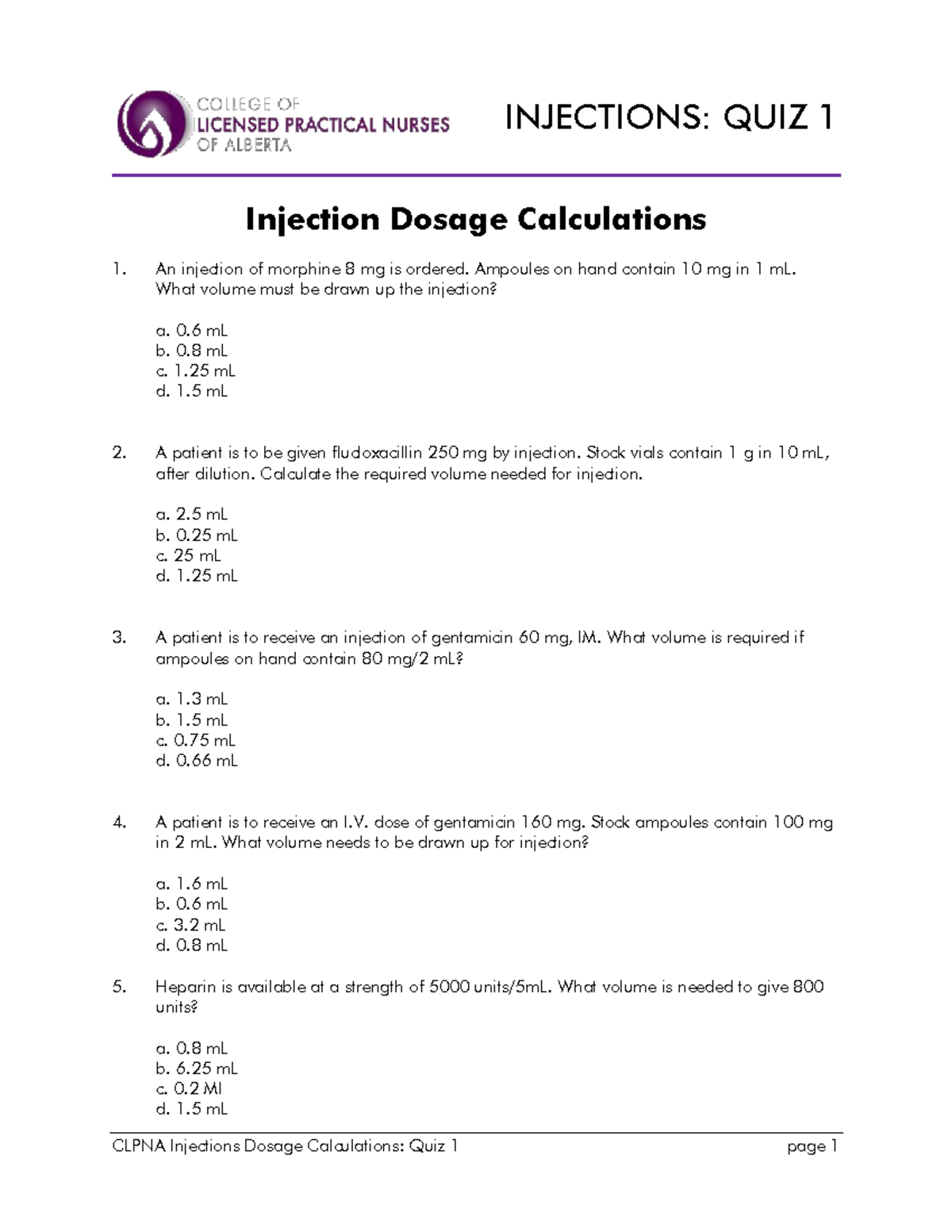 Injections-Quiz-1 - notes - Injection Dosage Calculations An injection ...