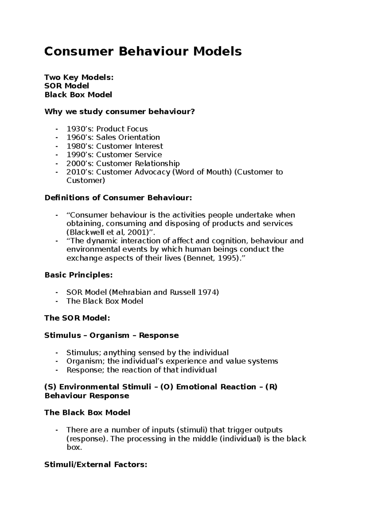 CBM Introduction - Lecture notes 2 - Consumer Behaviour Models Two Key ...