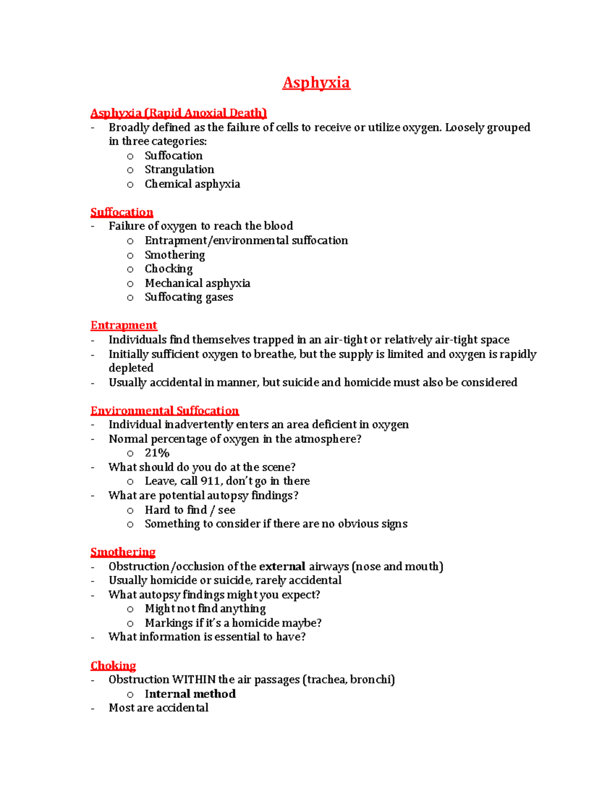 Introduction to Pathology - Lecture 10 - Asphyxia Asphyxia (Rapid Anoxial Death) Broadly defined ...