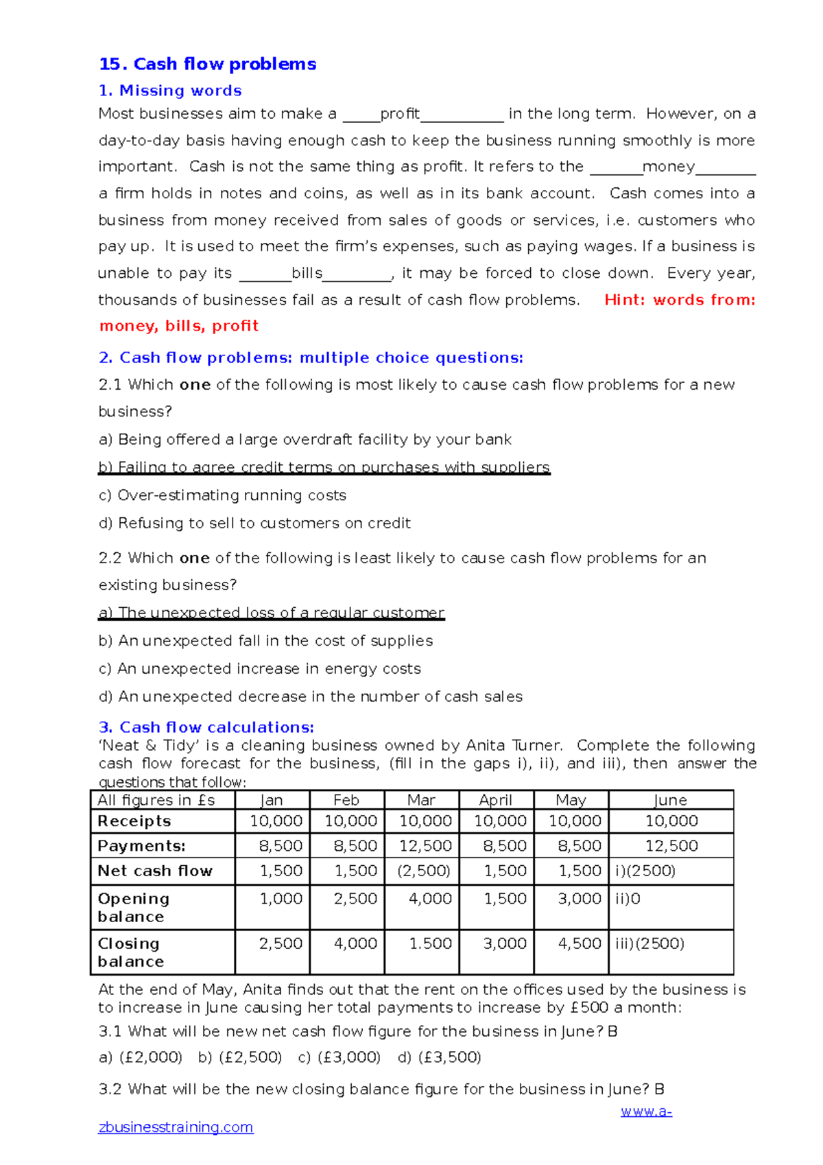 GCSE 15 Cash flow problems - 15. Cash flow problems Missing words Most ...