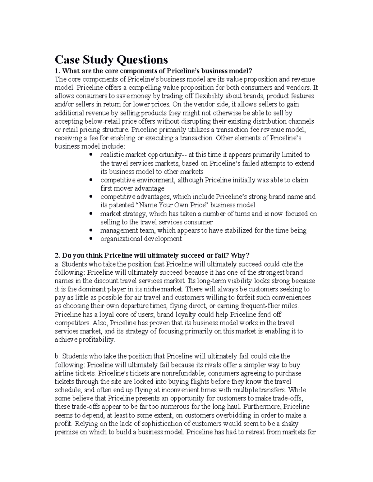 E commerce ch 2 ex - Assignment - Case Study Questions What are the core components of Priceline ...