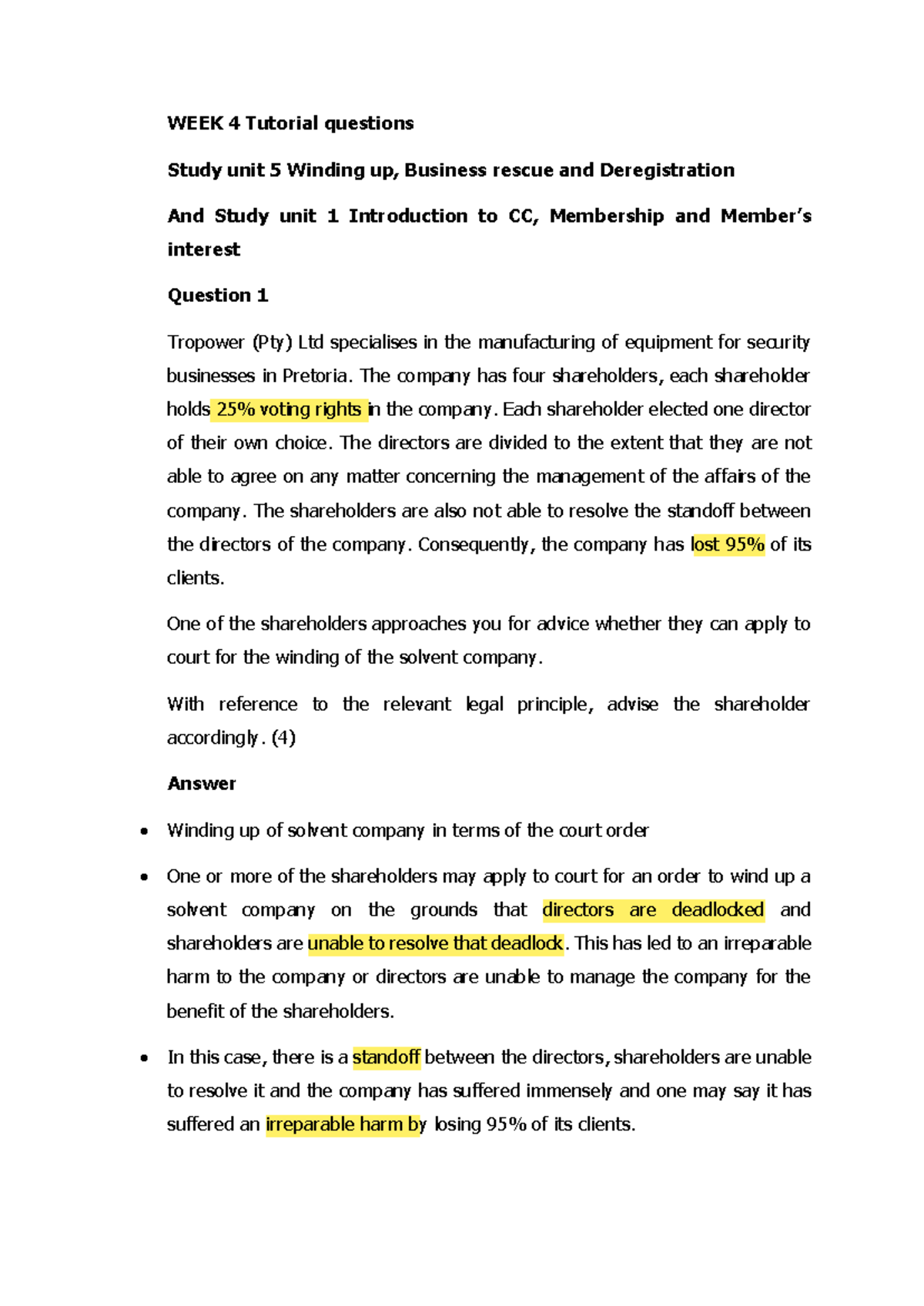 WEEK 4 Memorandum for tutorial questions - WEEK 4 Tutorial questions Study unit 5 Winding up ...