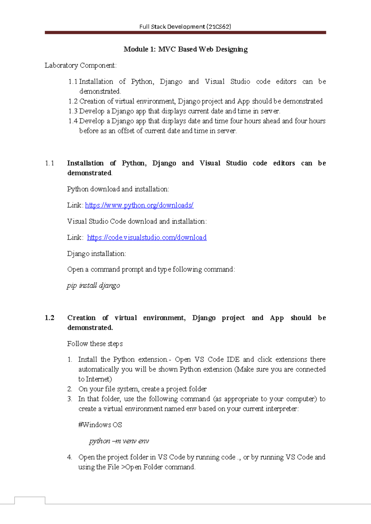 FSD Lab Manual - Module 1: MVC Based Web Designing Laboratory Component: 1 Installation of ...