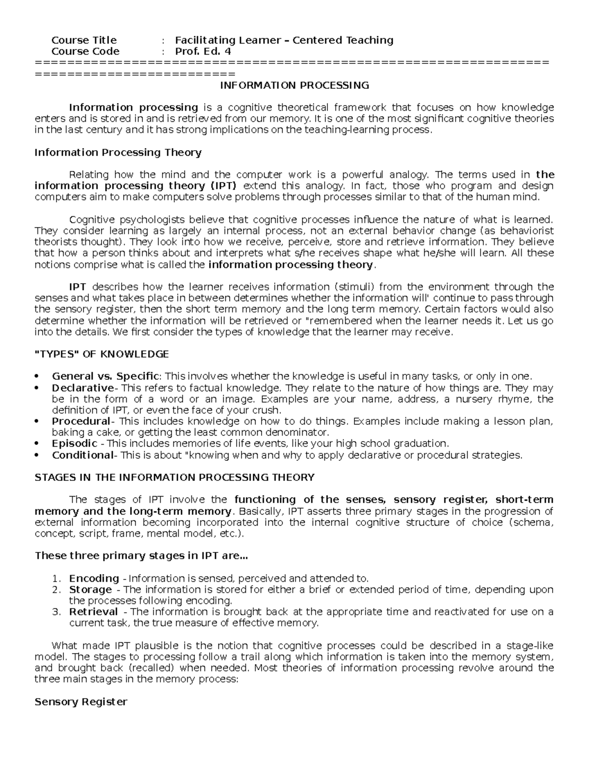 Information Processing Course Title Facilitating Learner Centered Information Processing Course Title Facilitating Learner Centered