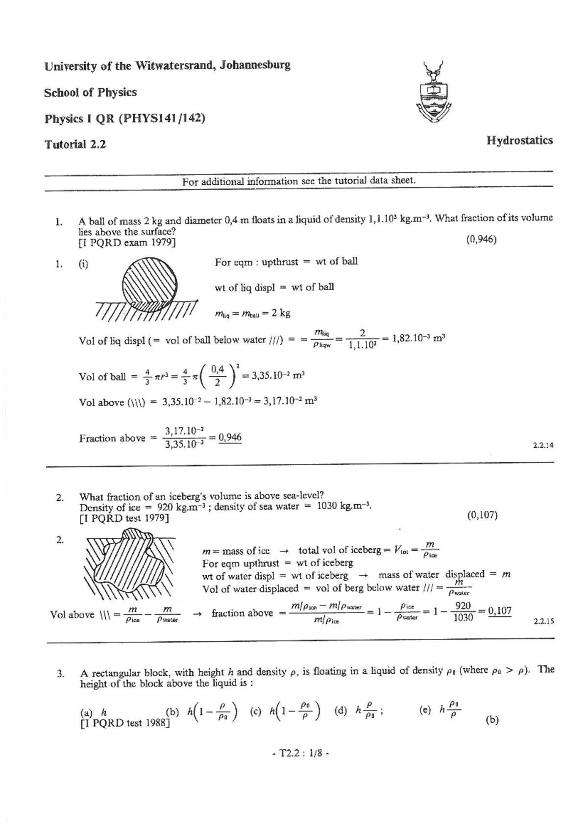 Tutorial 2.2 Hydrostatics Solutions - PHYS1001 - Studocu
