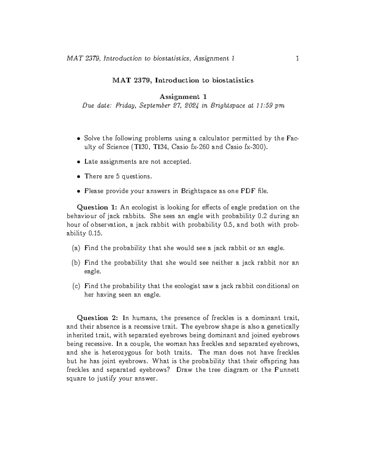 Assignment 1 - MAT2379 - MAT 2379, Introduction to biostatistics, Assignment 1 1 MAT 2379, - Studocu
