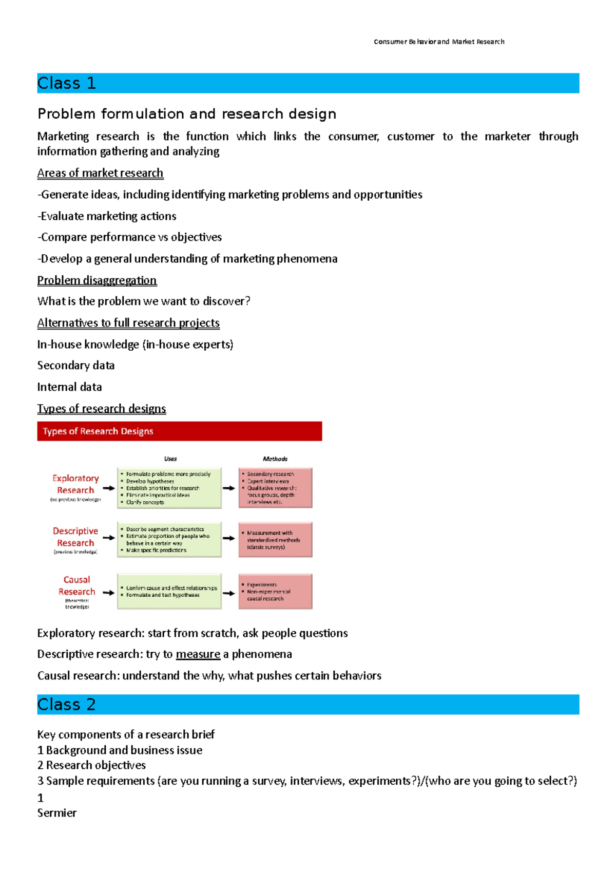 Consumer Behavior - Summary content - Class 1 Problem formulation and research design Marketing ...