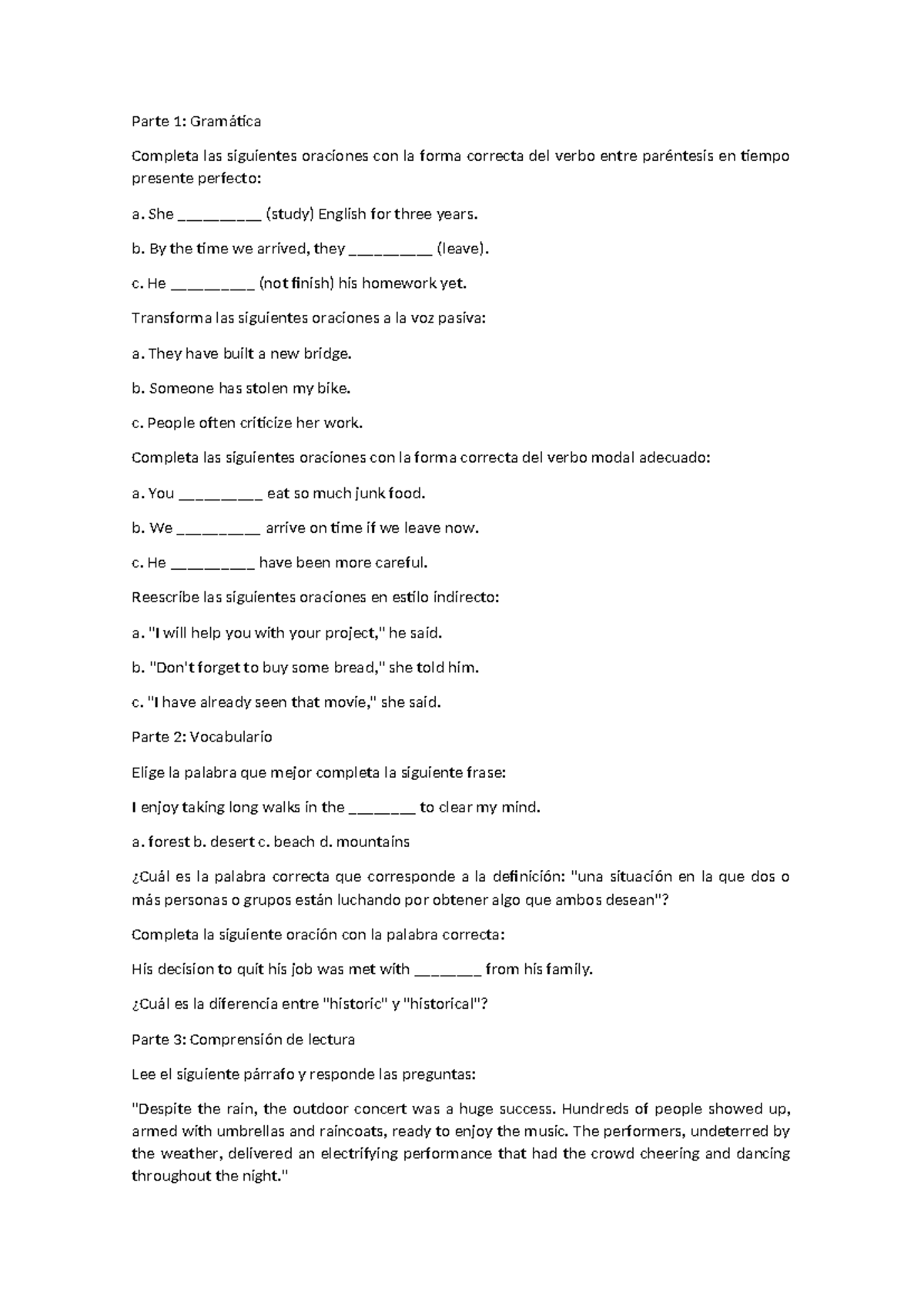 Idiomas - Parte 1: Gramática Completa las siguientes oraciones con la ...