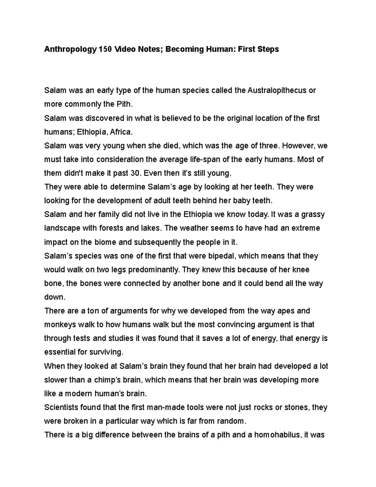 Anthropology 150 Video Notes; Becoming Human First Steps - ANT 150 - UD ...