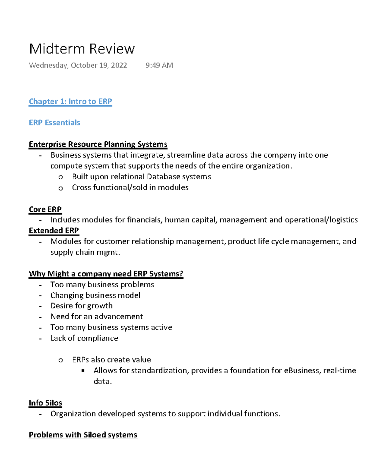 Midterm Review - Chapter 1: Intro to ERP ERP Essentials Enterprise ...