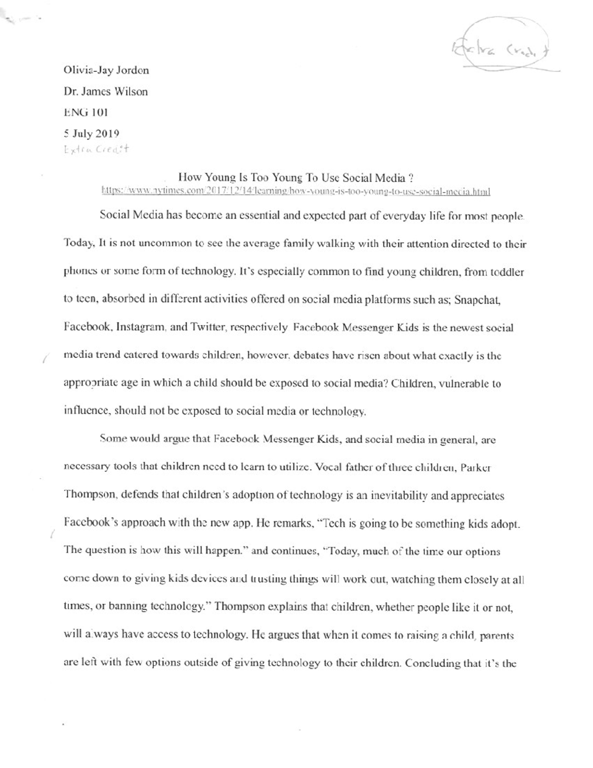 Extra Credit Opinion Essay - ENG 101 - Studocu