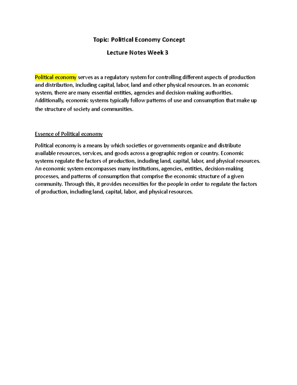 Political economy 3 - Topic: Political Economy Concept Lecture Notes ...