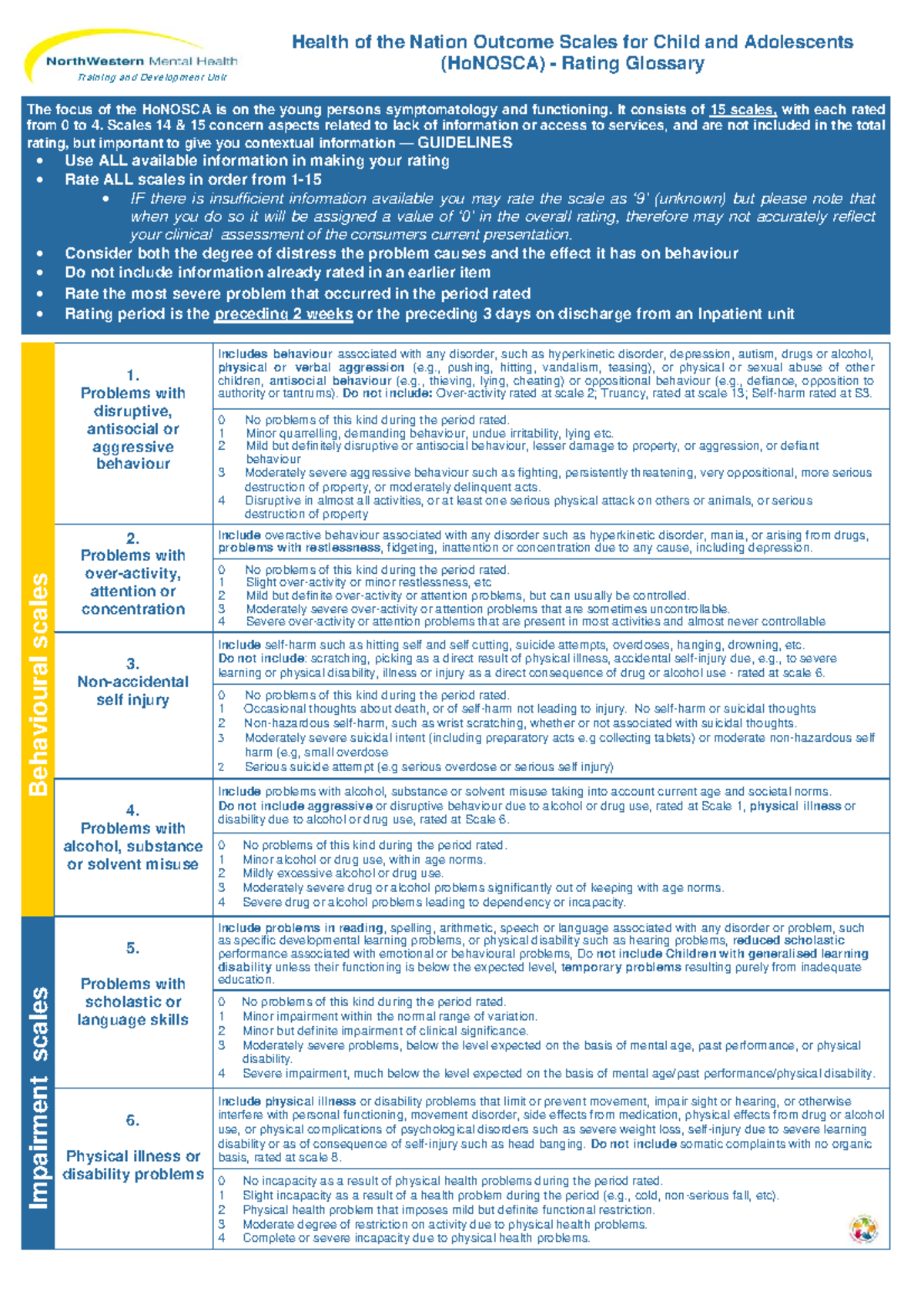 262 Ho Nosca Glossary week2pdf - The focus of the HoNOSCA is on the ...