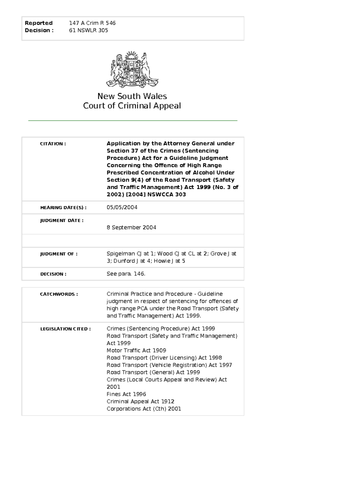 [2004 ] Nswcca 303 - a case summary - Reported Decision : 147 A Crim R ...