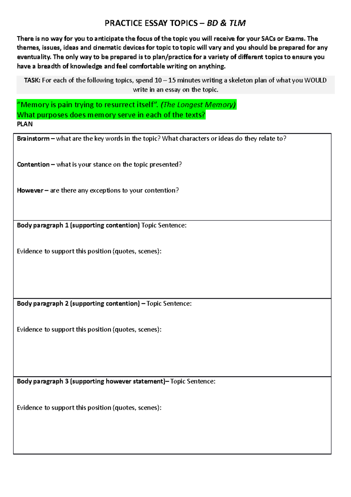 Quick Plan Topics BD and TLM - PRACTICE ESSAY TOPICS – BD & TLM There ...